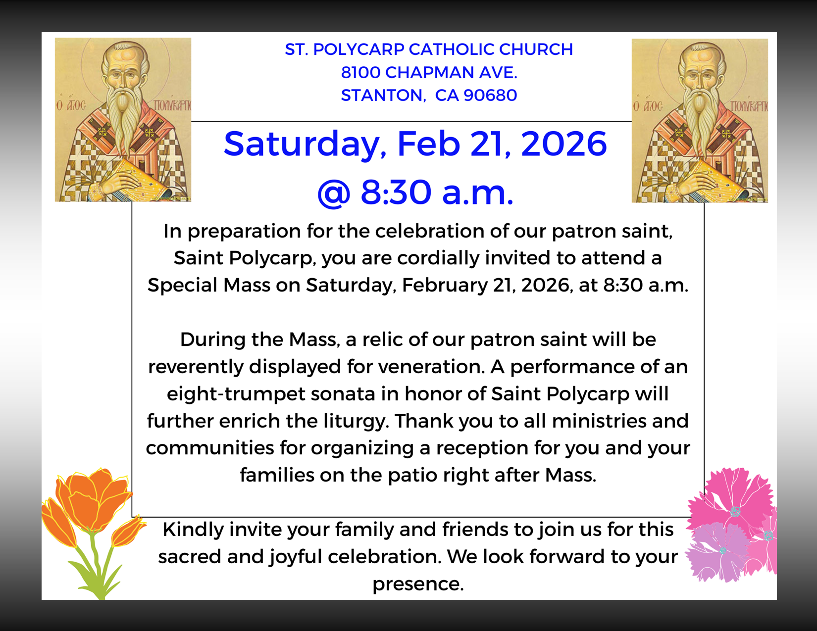 St. Polycarp Feast Day Celebration - Saint Polycarp Catholic Church